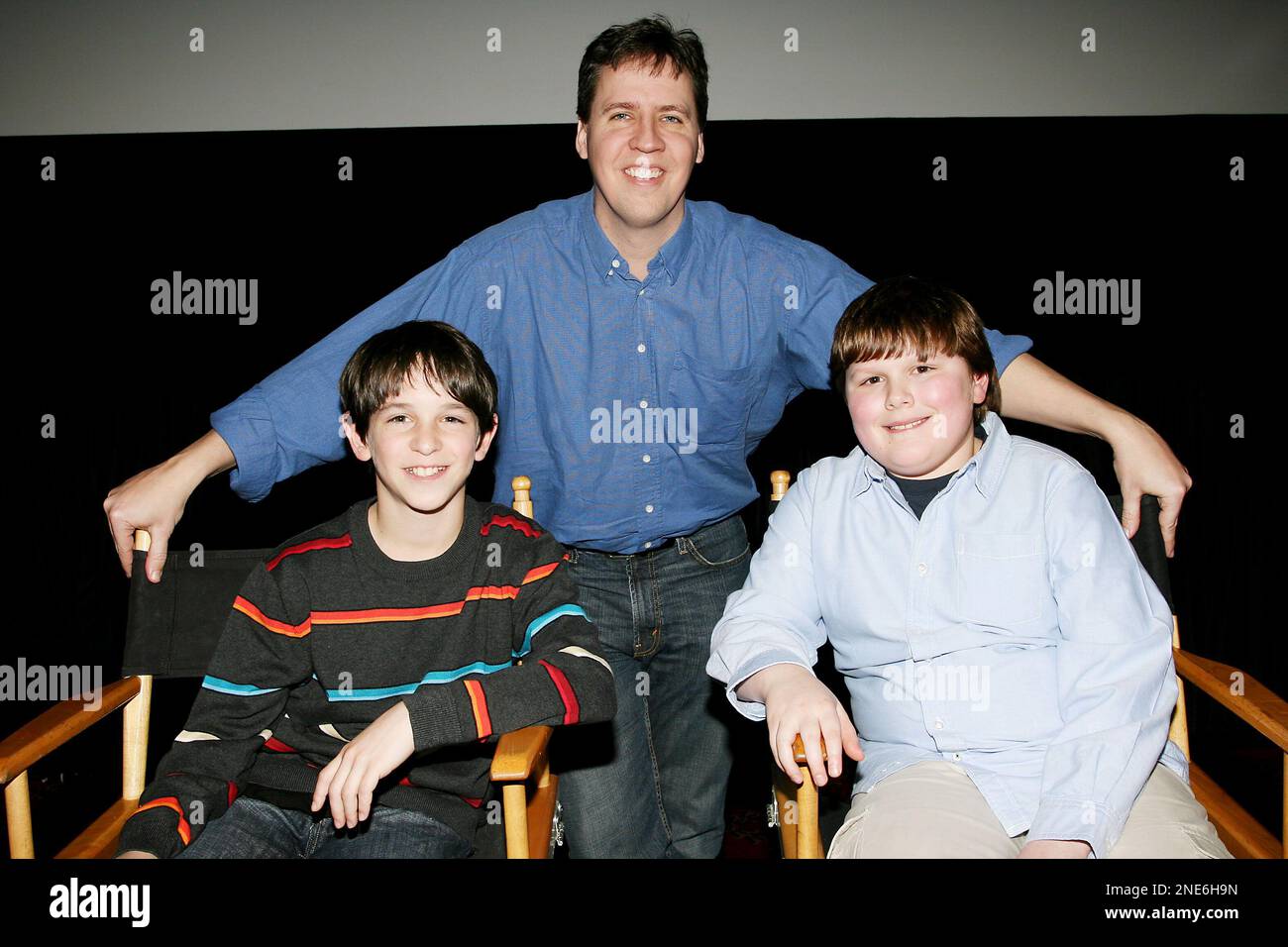 In this photo provided by StarPix, Author Jeff Kinney, center, actors Zachary Gordon, left, and ...