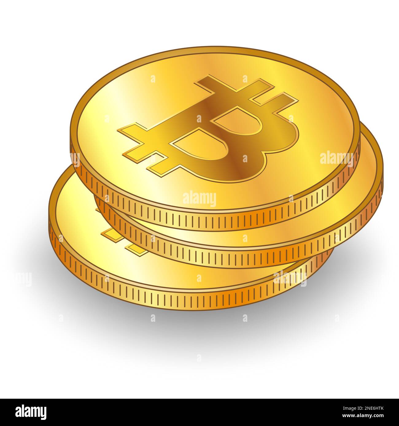 Three gold coins in stack Bitcoin BTC with shadow in isometric view ...