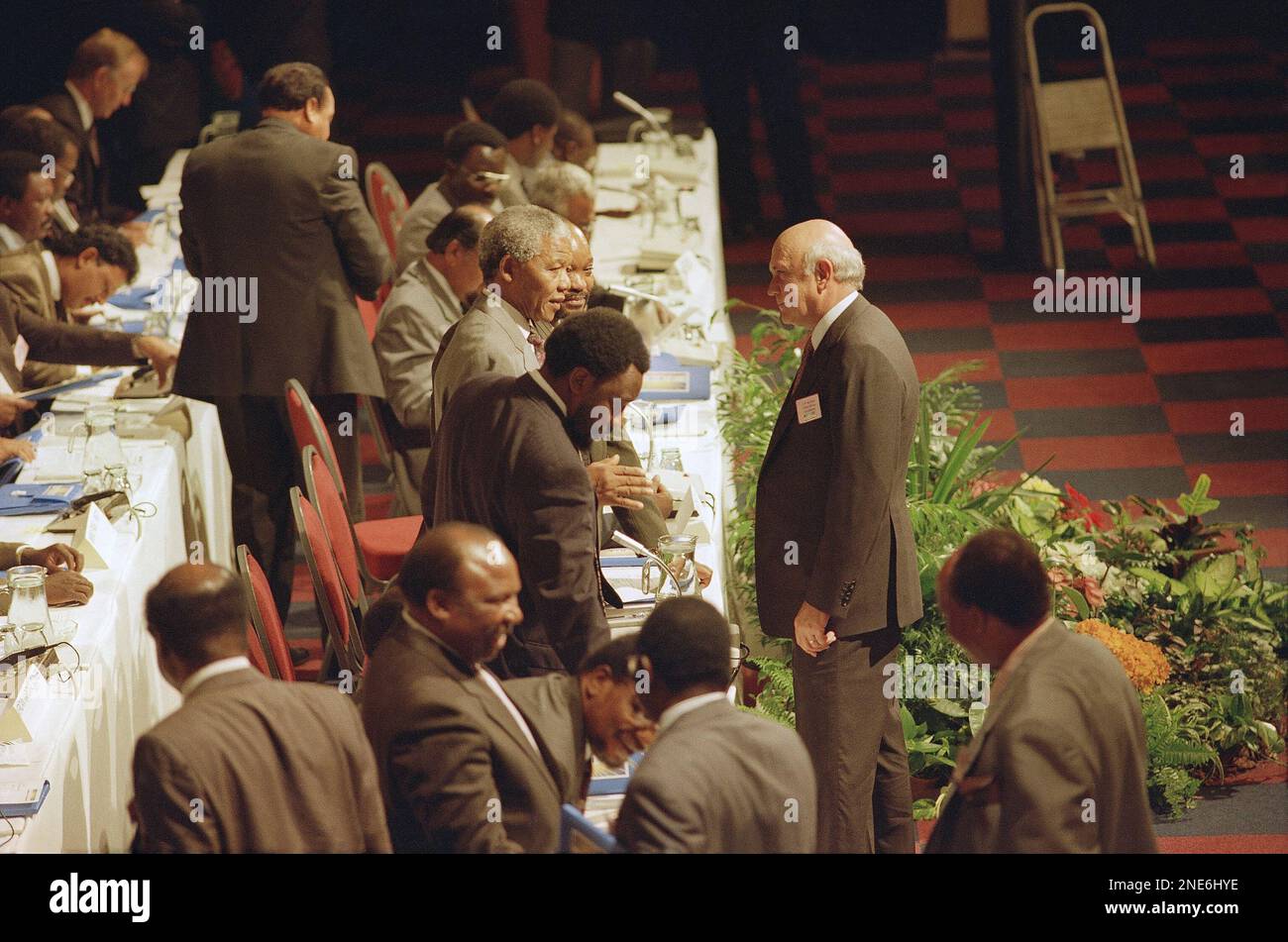 South Africa President F. W. de Klerk, right, talks with members of the ...