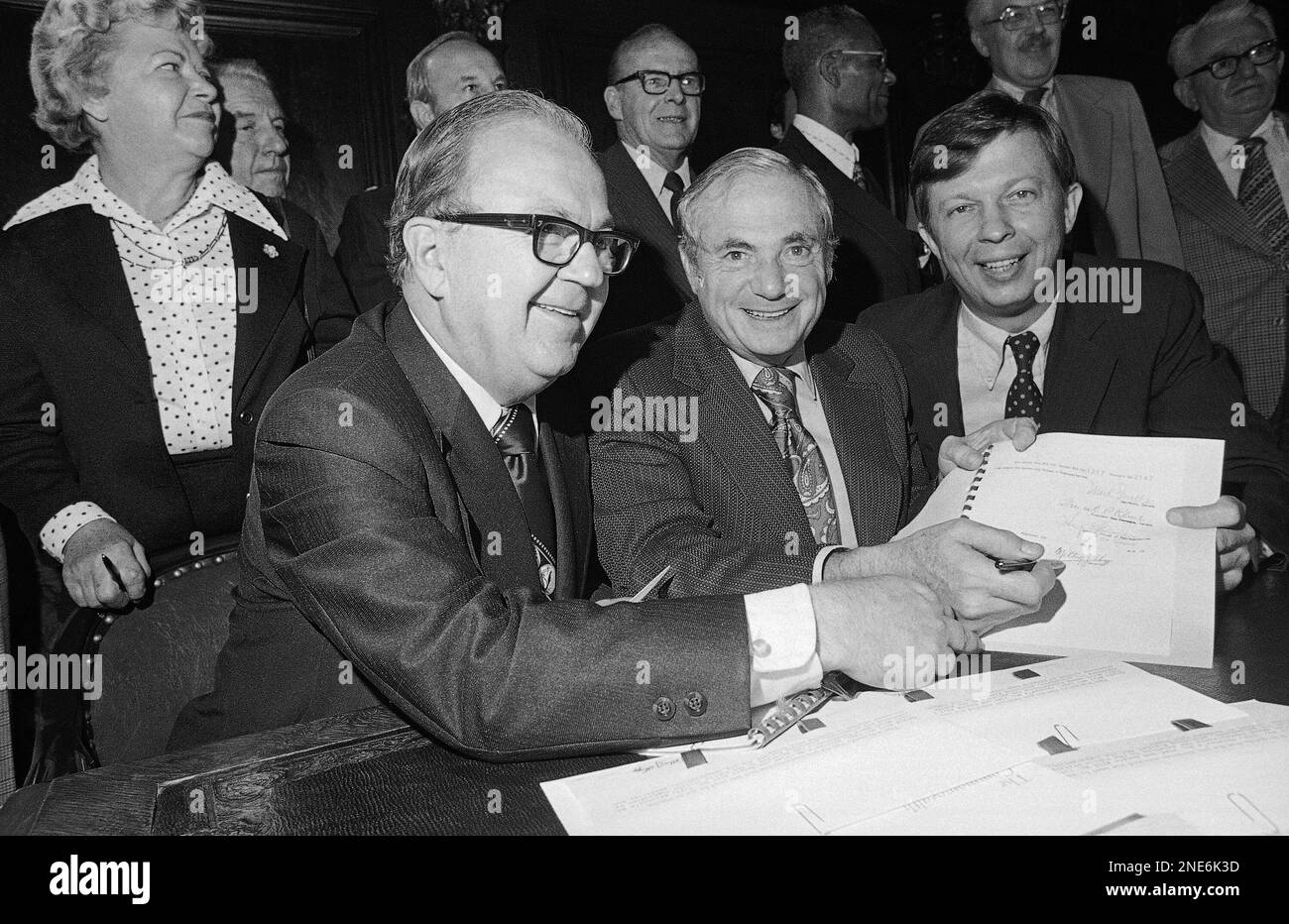 Pennsylvania Governor Milton Shapp holds up for inspection his ...
