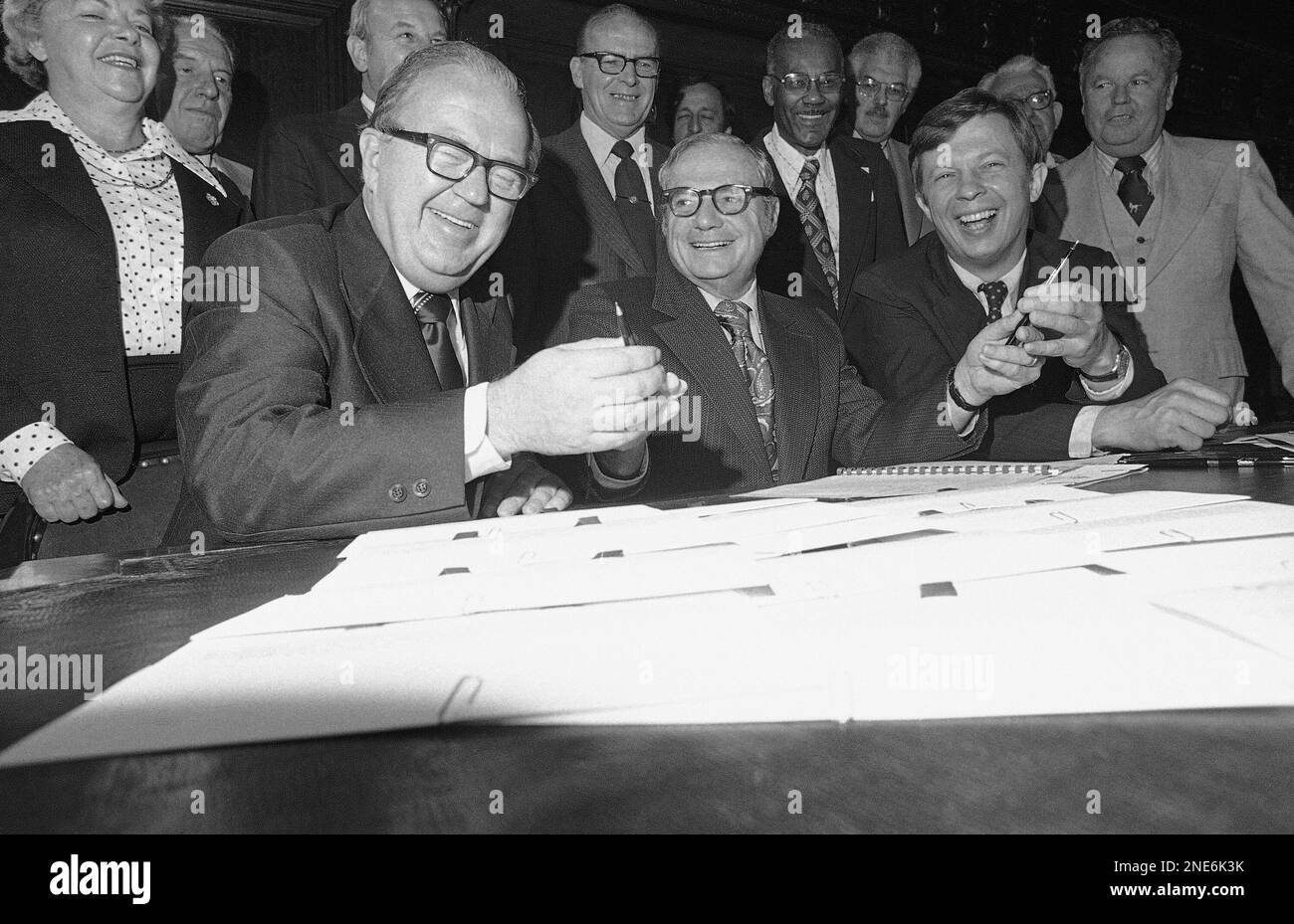 Pennsylvania Governor Milton Shapp hands pens to State Sen. Franklin ...