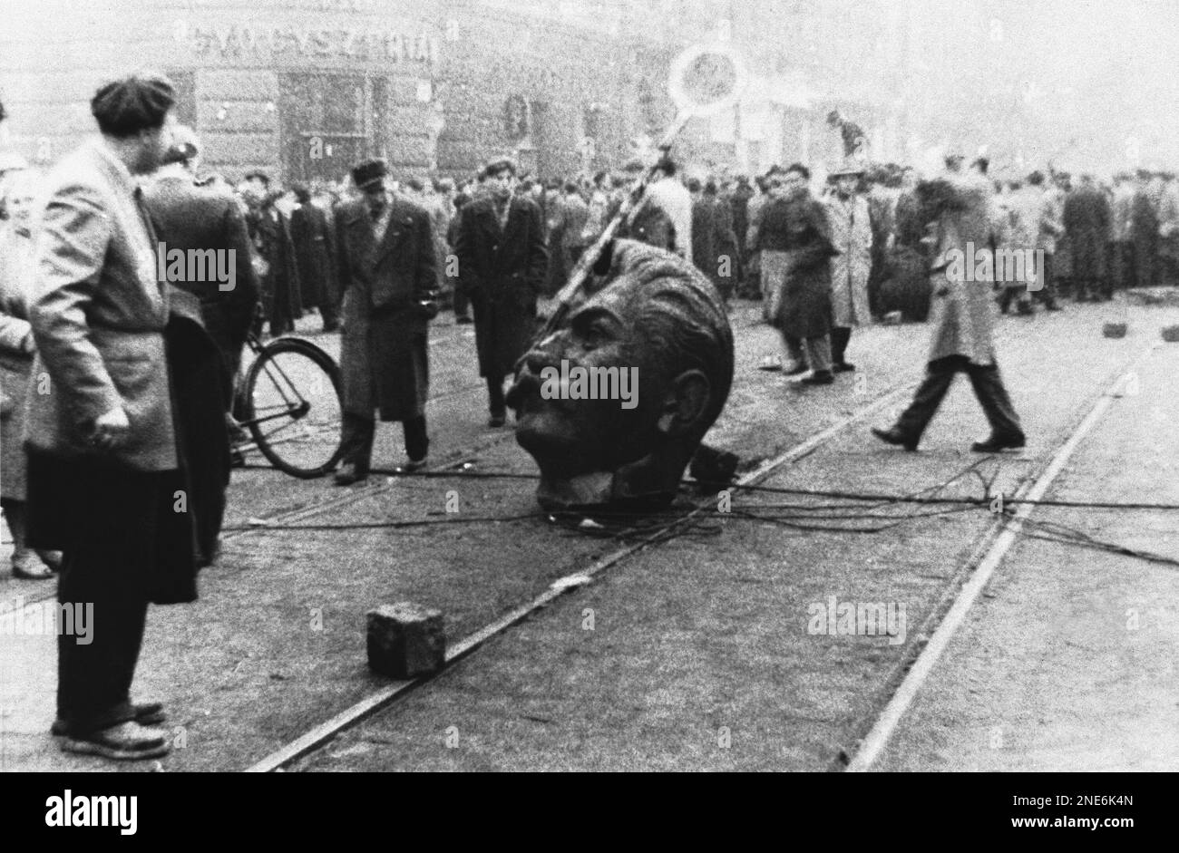 People view a huge head of Joseph Stalin in middle of downtown Budapest ...