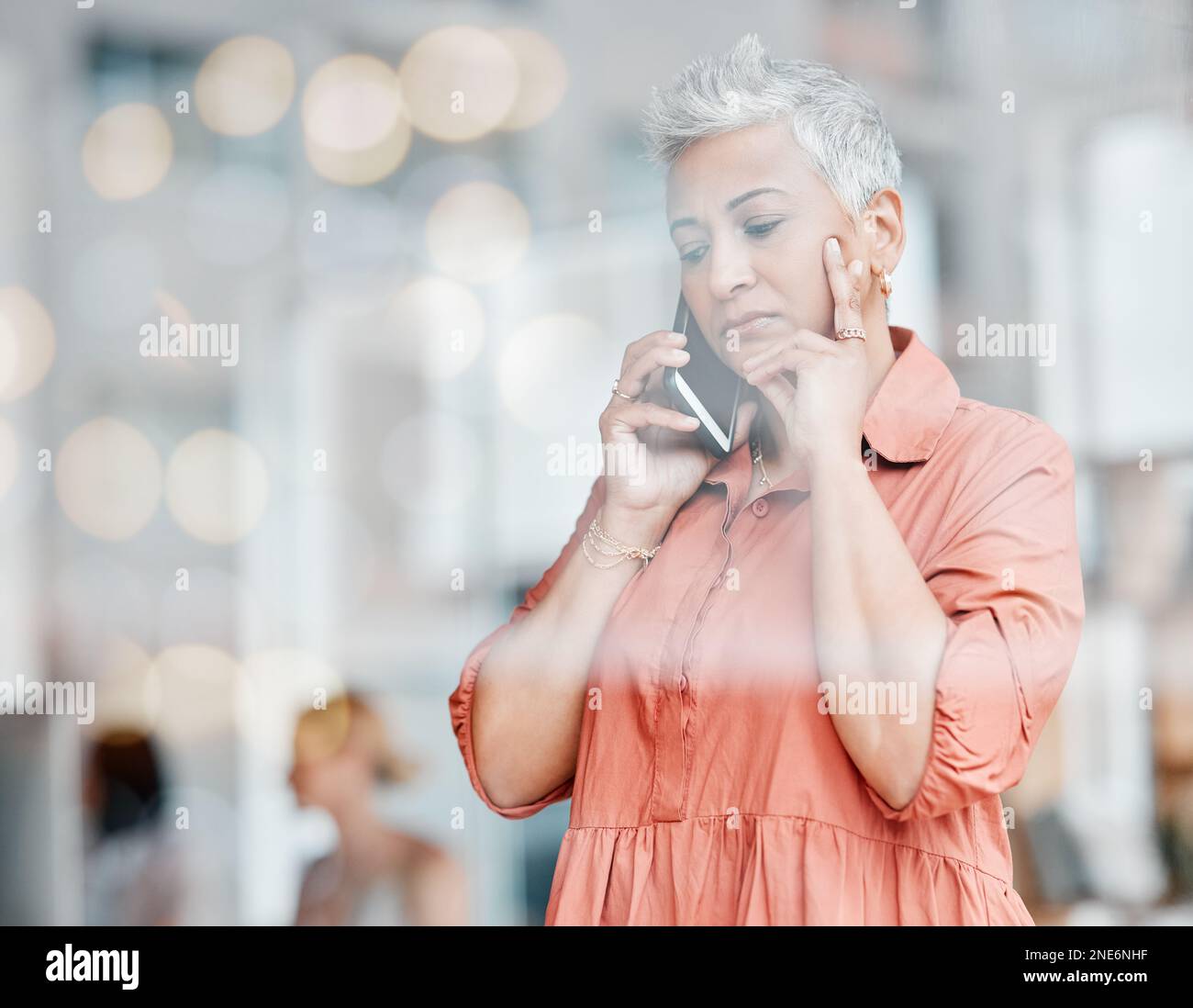 Phone call, sad and senior business woman talking, chatting or speaking ...