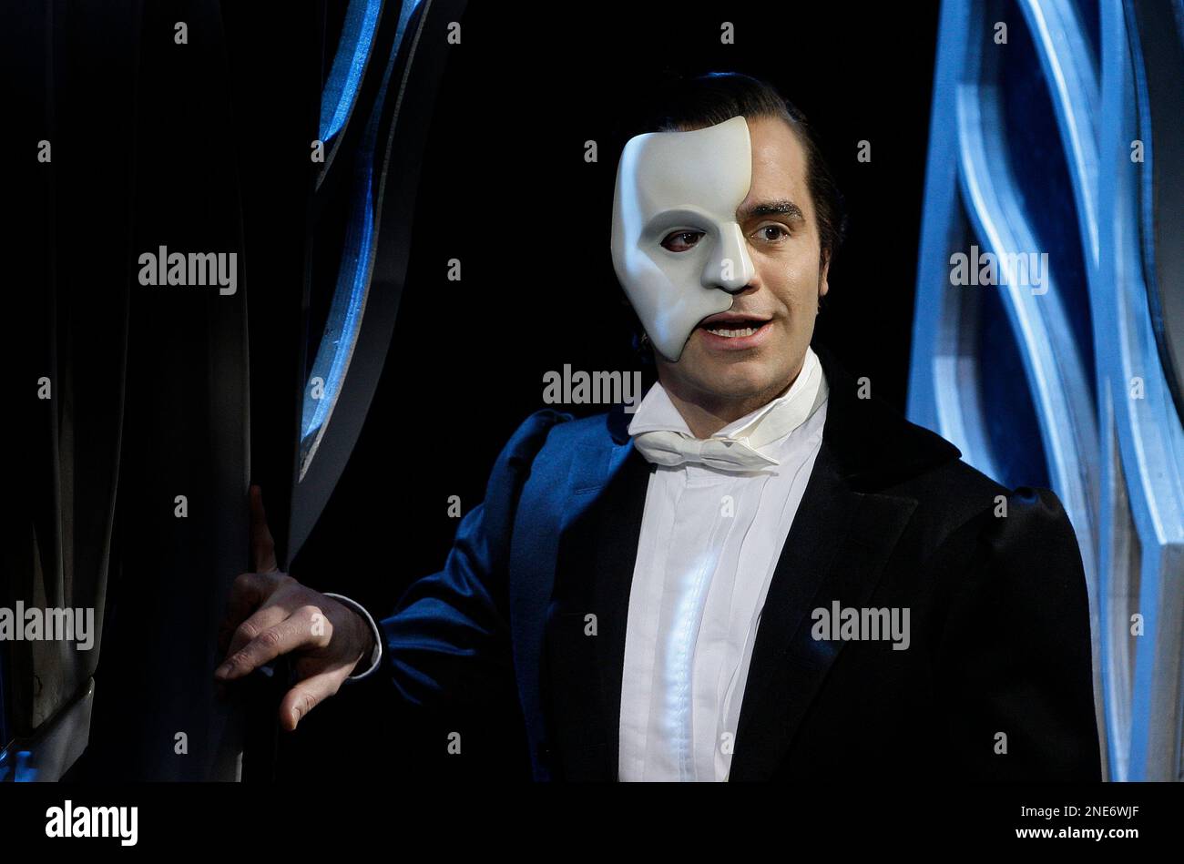 The Phantom, played by Ramin Karimloo, performs a scene from the sequel to The Phantom of the ...