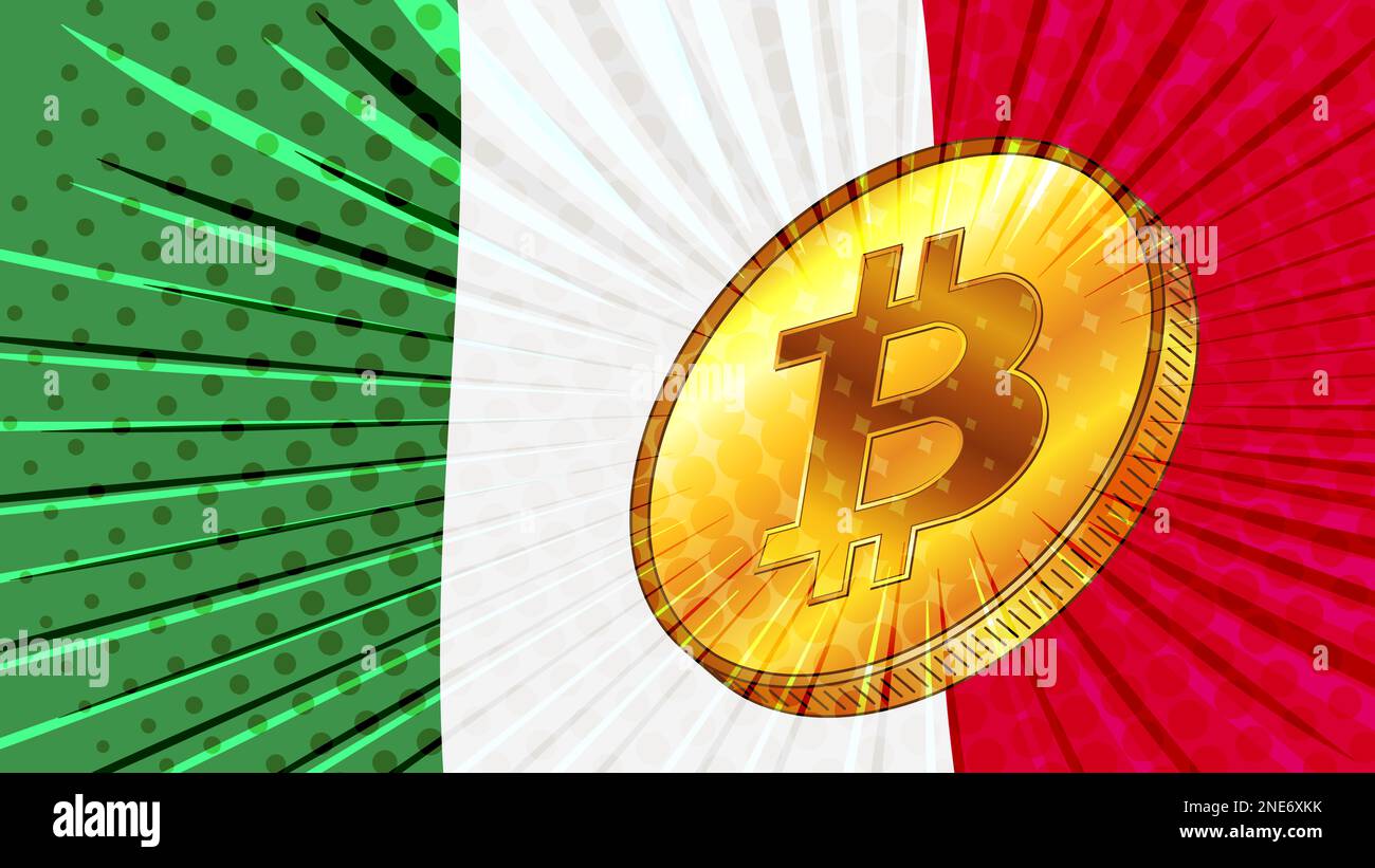 Gold coin of Bitcoin BTC and colored flag of Italy on background ...