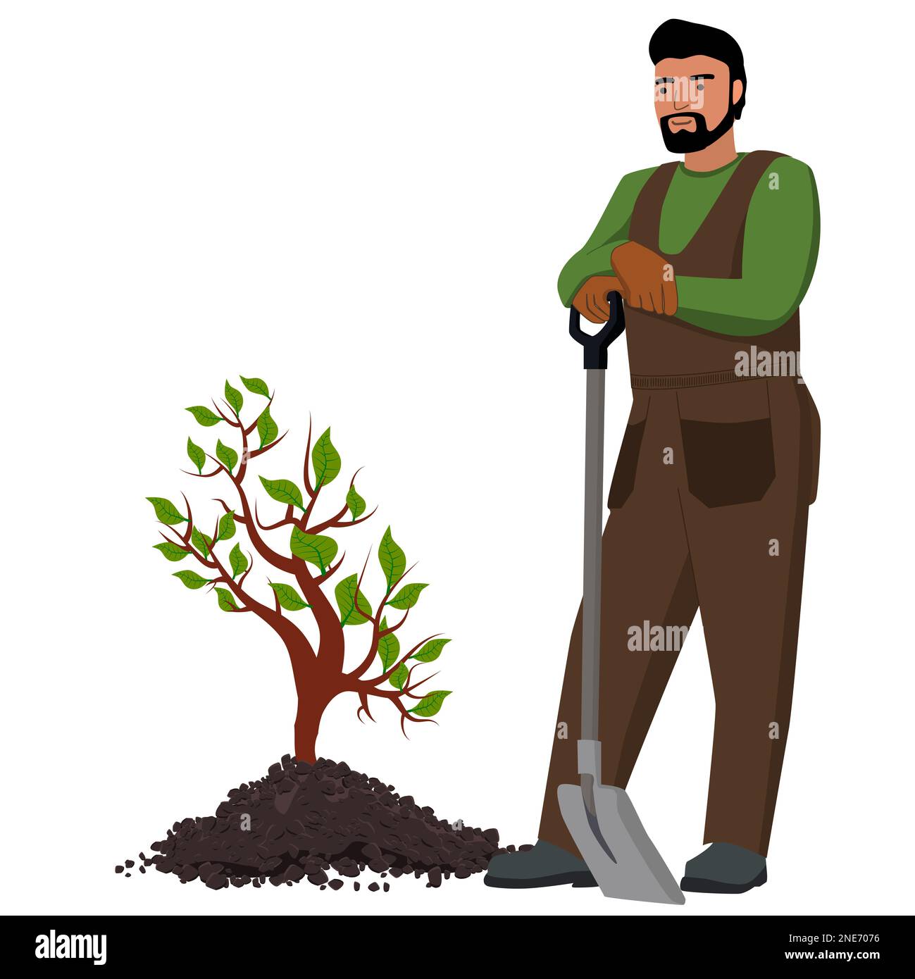 Men in work clothes with shovel stand next to young tree in heap of ...