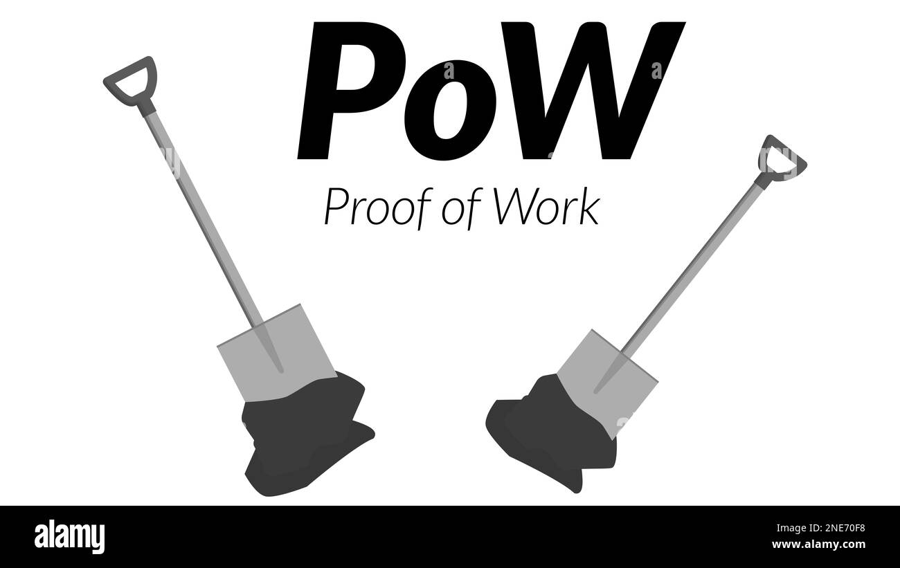 Black text PoW Proof of Work with shovels isolated on white background ...