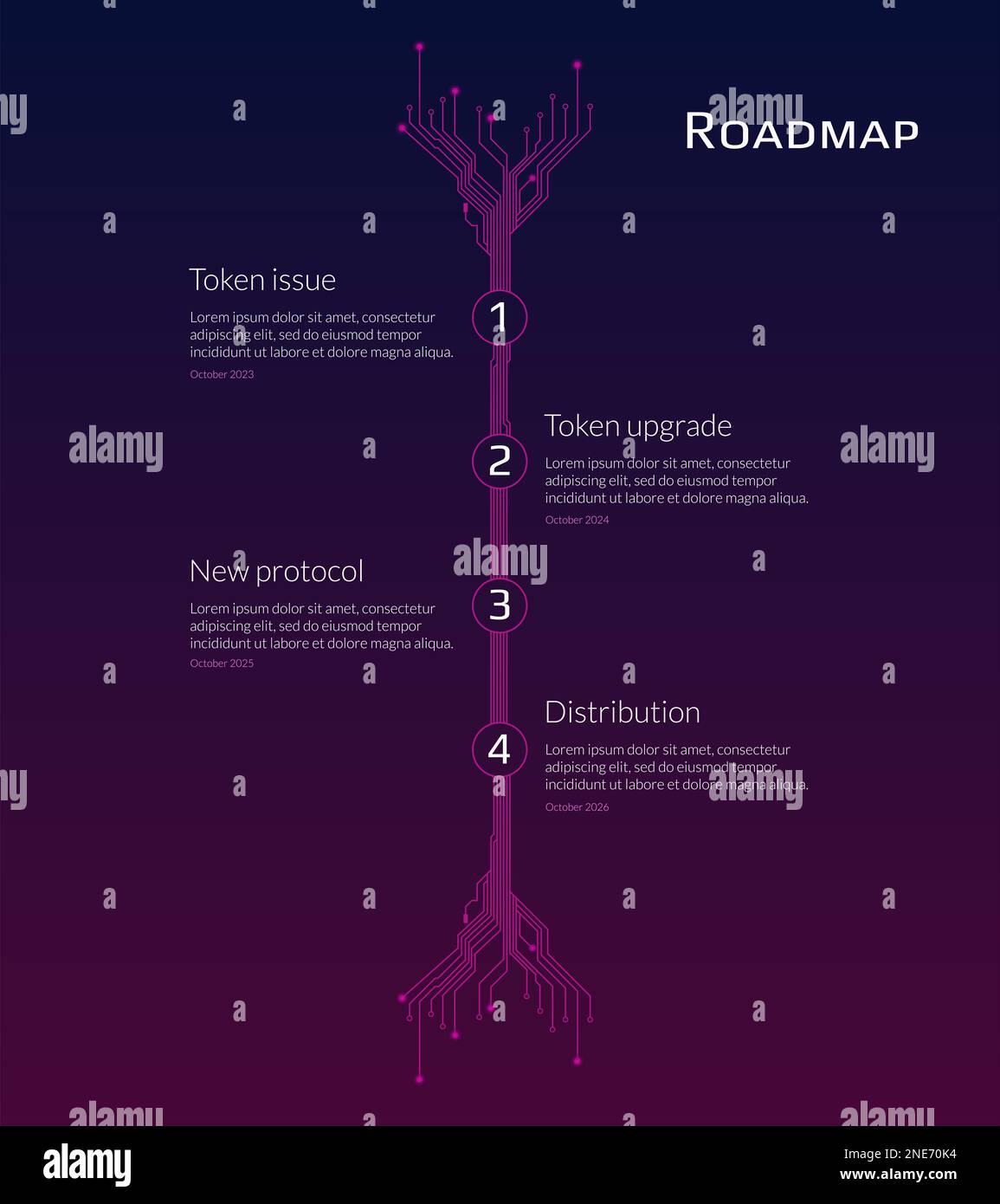Roadmap for cryptocurrency or digital technology site on dark red ...