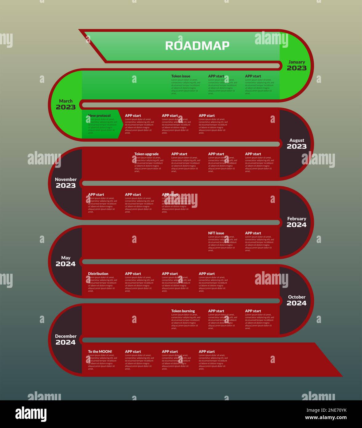 Roadmap with red winding road and green completed milestones on gray ...