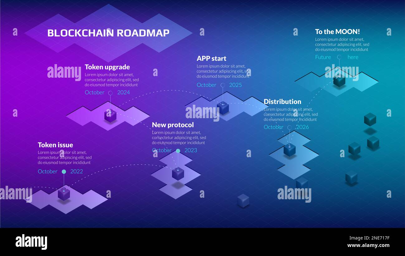 Isometric roadmap with many small cubes for blockchain or cryptocurrency project on purple blue ...