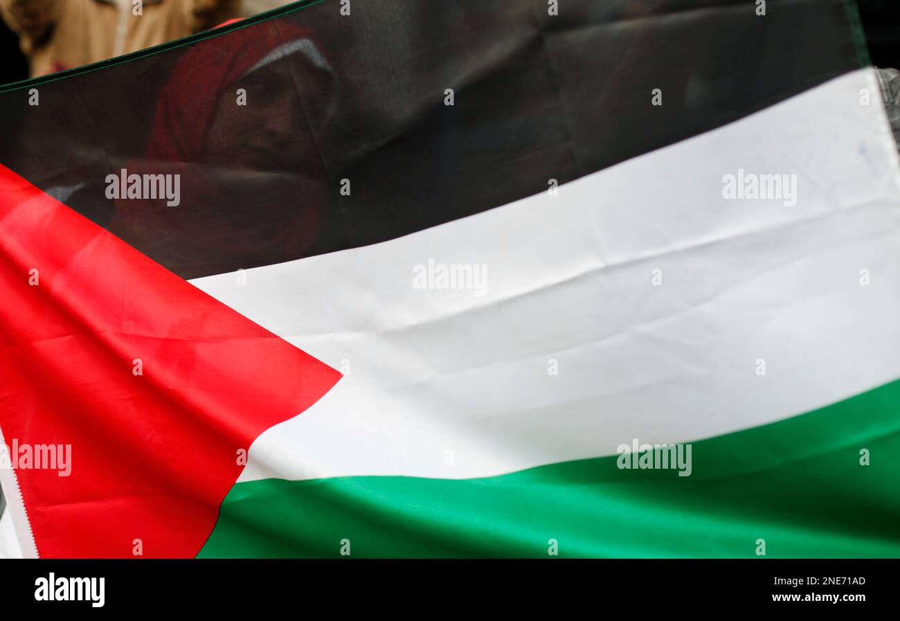 A veiled woman activist is seen through a Palestinian flag that she ...