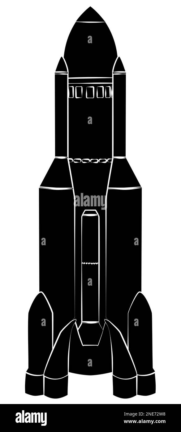 Black silhouette of spaceship with elongated hull isolated on white ...