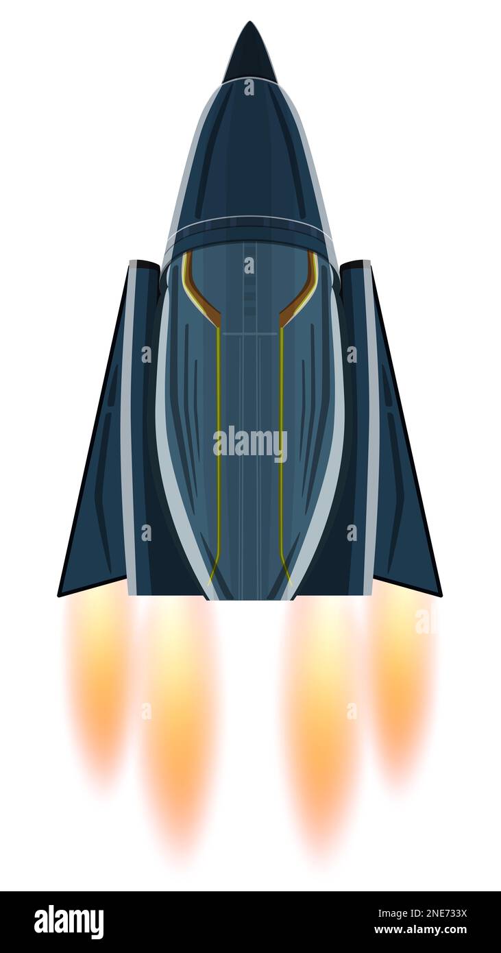 Cartoon triangle spaceship with flame from nozzles isolated on white ...