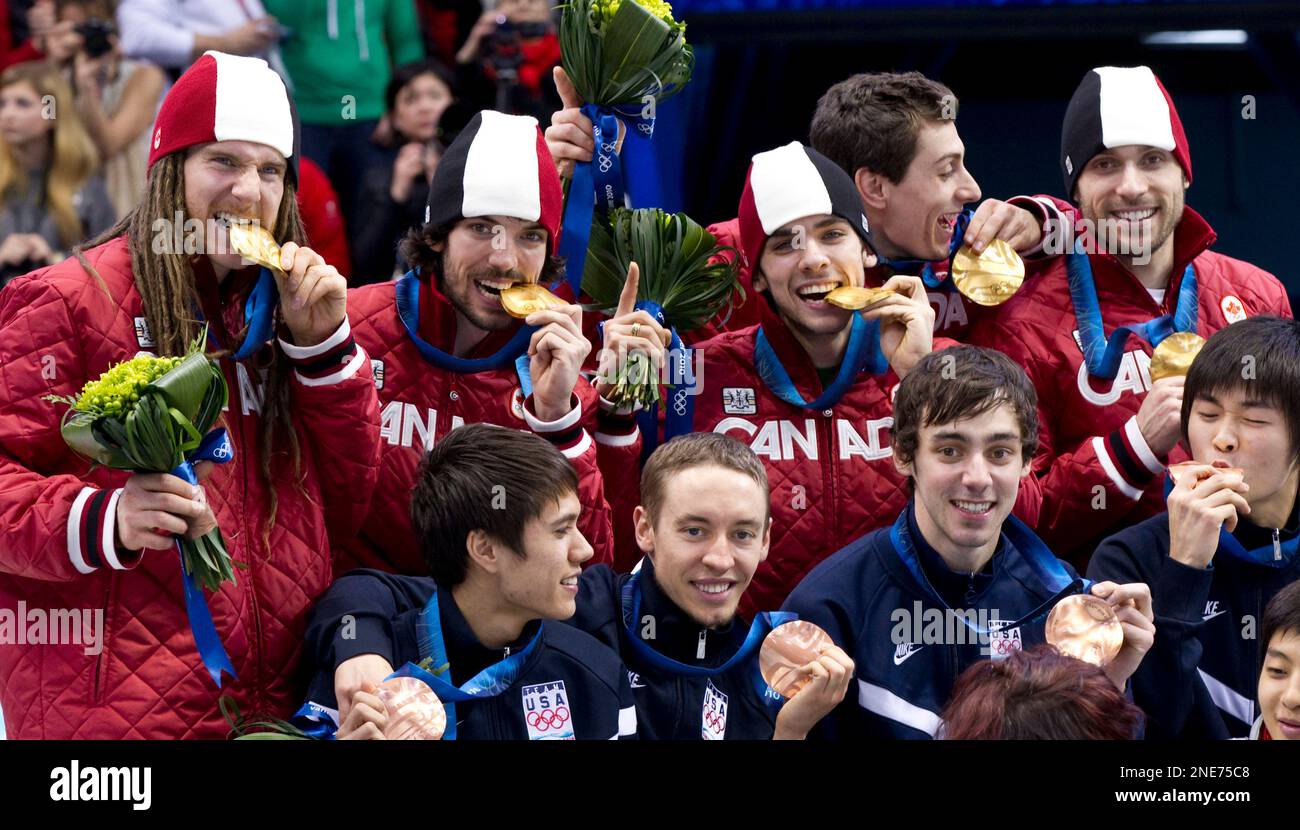 Canada's Olivier Jean, G Charles Hamelin, Francois Hamelin, Guillaume Bastille and Francois ...