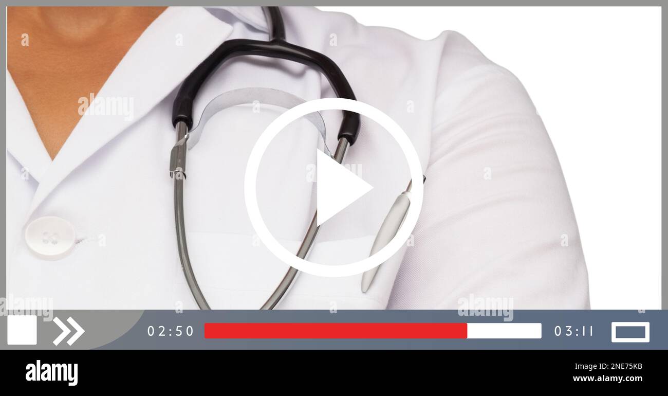 Composition of female doctor with stethoscope on shoulders on video ...
