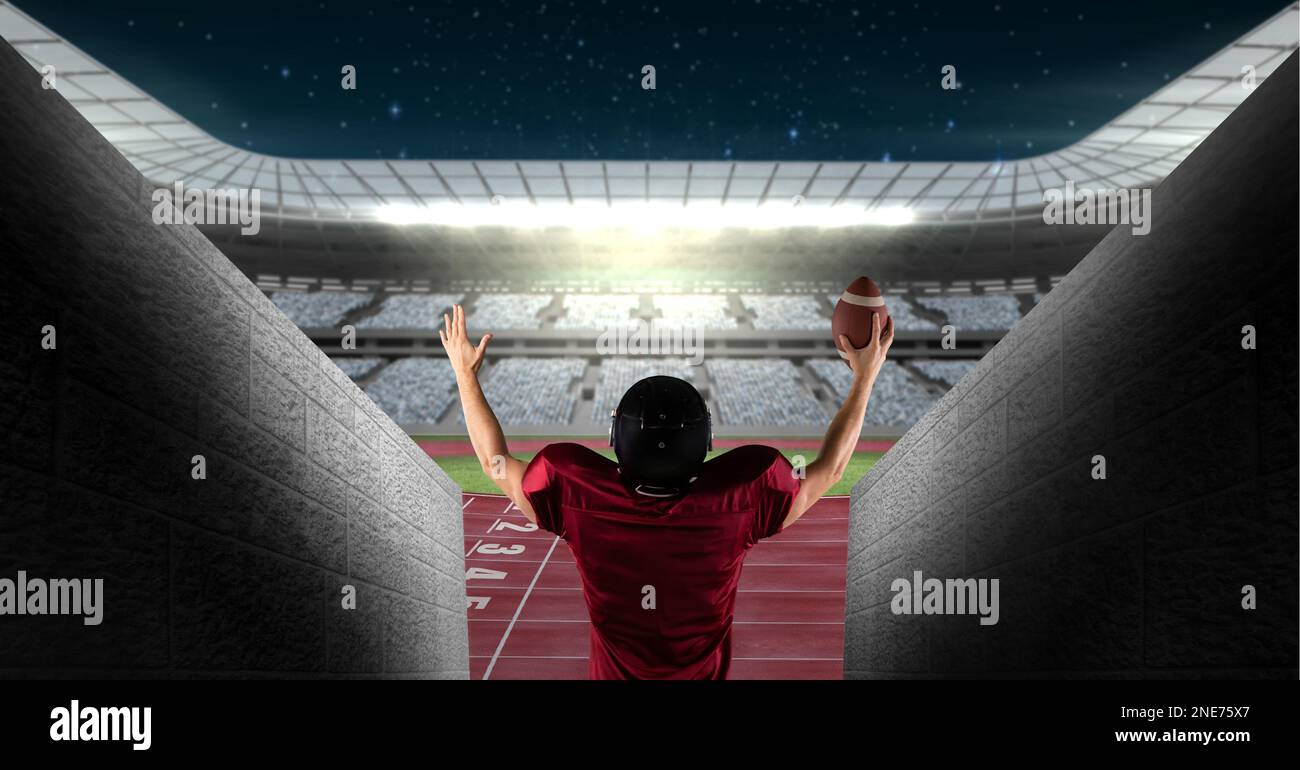 Composition of male american football player holding ball and raising ...