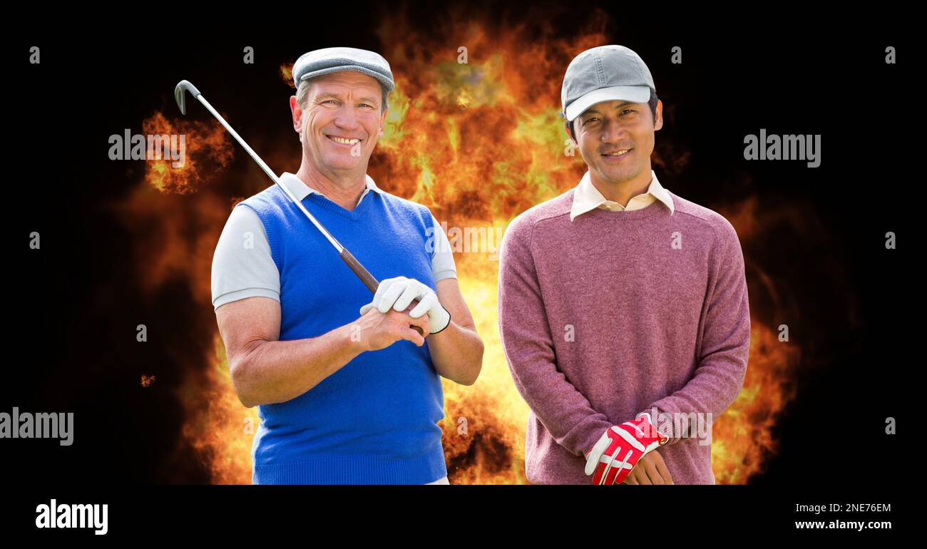 Portrait of diverse senior male golf player smiling against fire flame ...