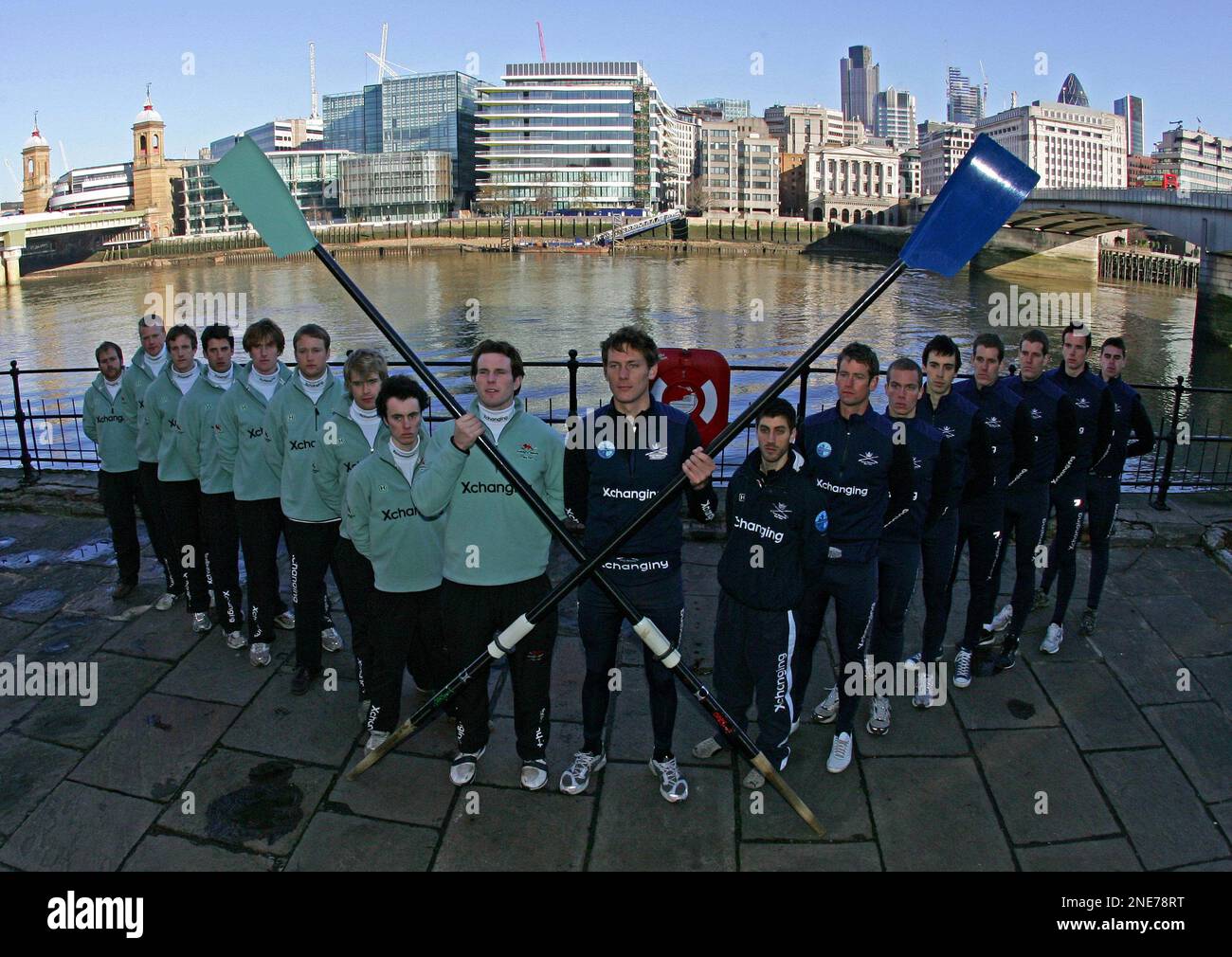 The Oxford and Cambridge Boat Race teams pose for photographers in ...