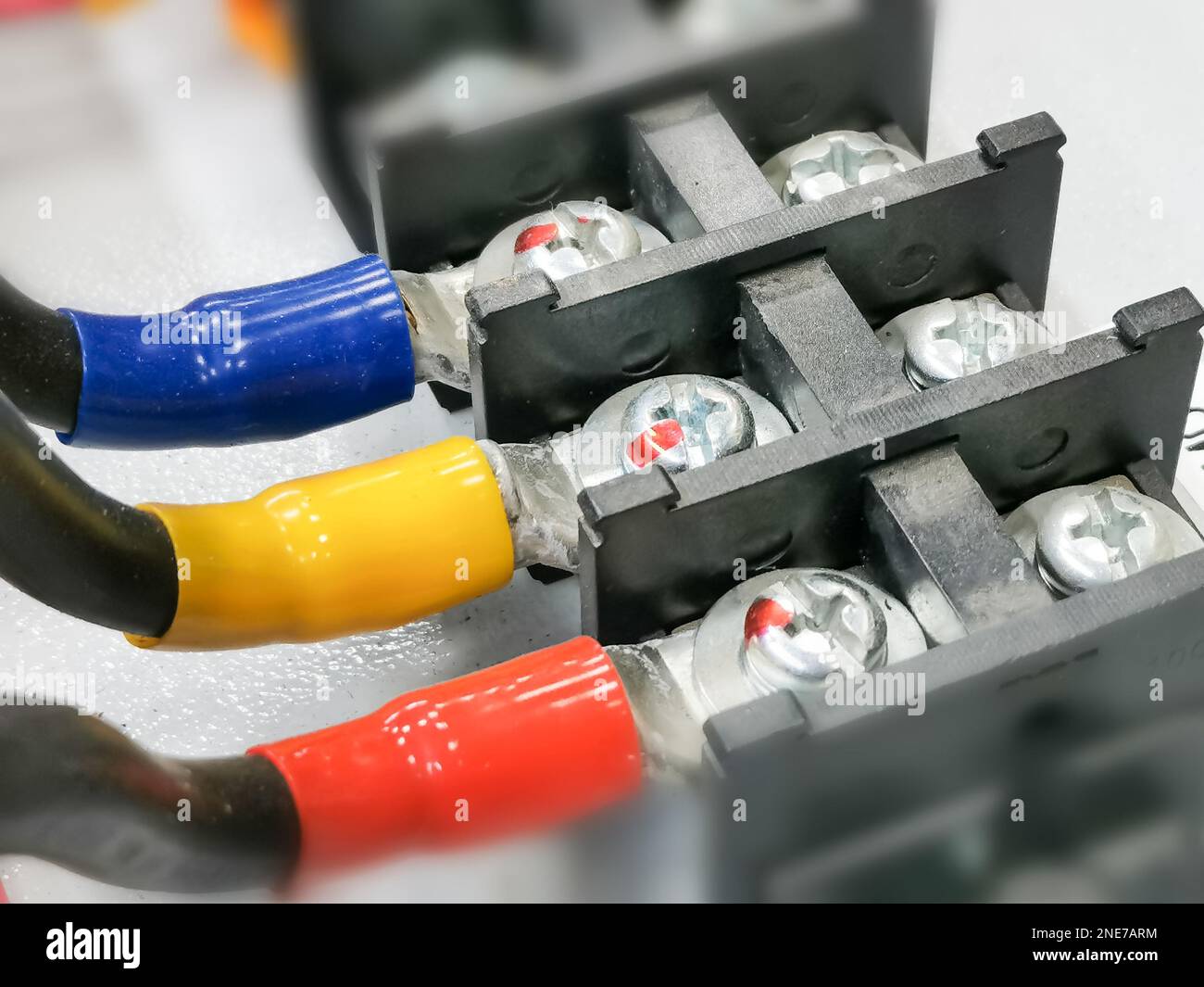 Close up image of cable distribution connection on electrical equipment ...