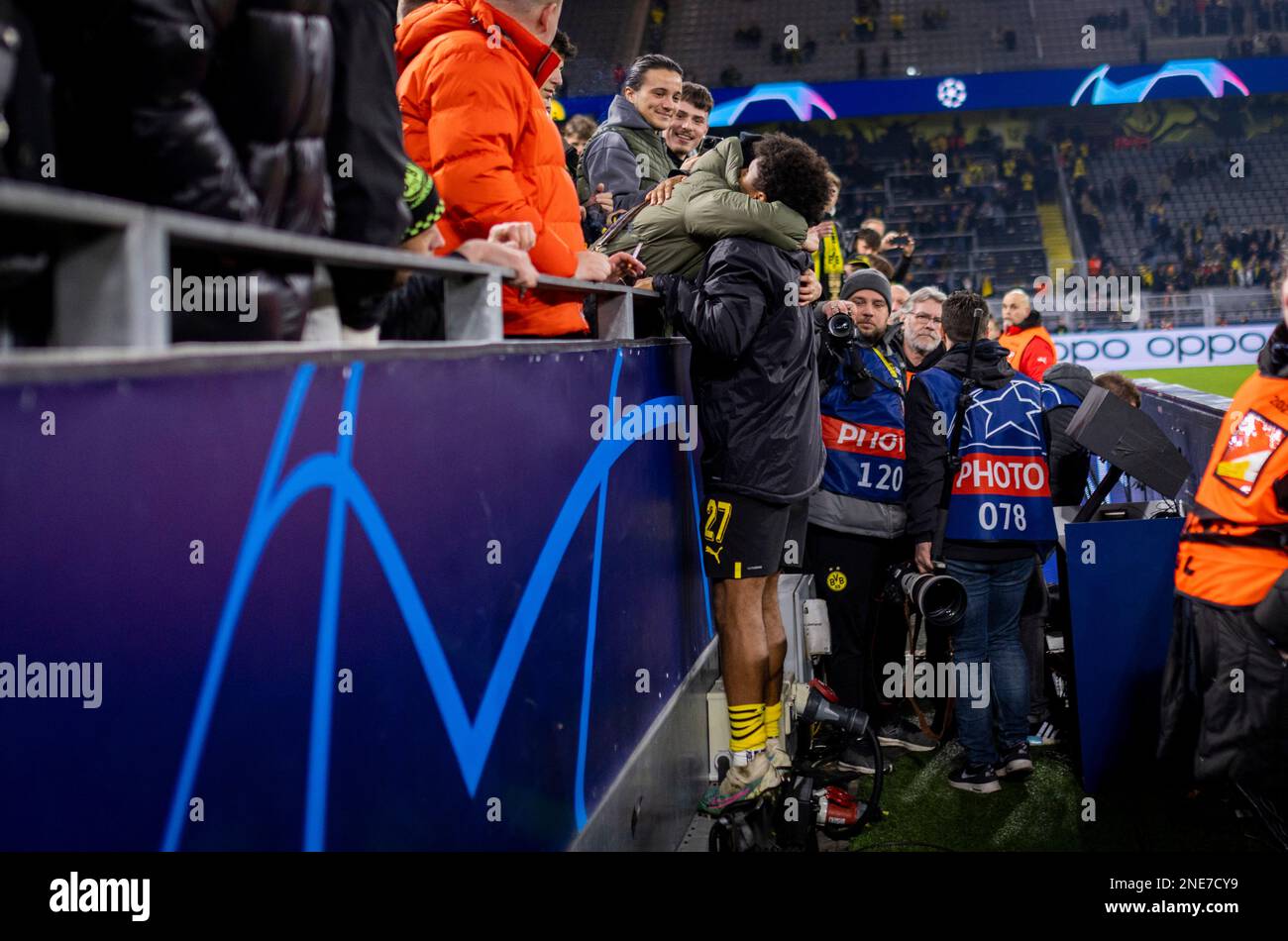 Dortmund, Germany. 15th Feb, 2023. Karim Adeyemi (BVB) mit seiner ...