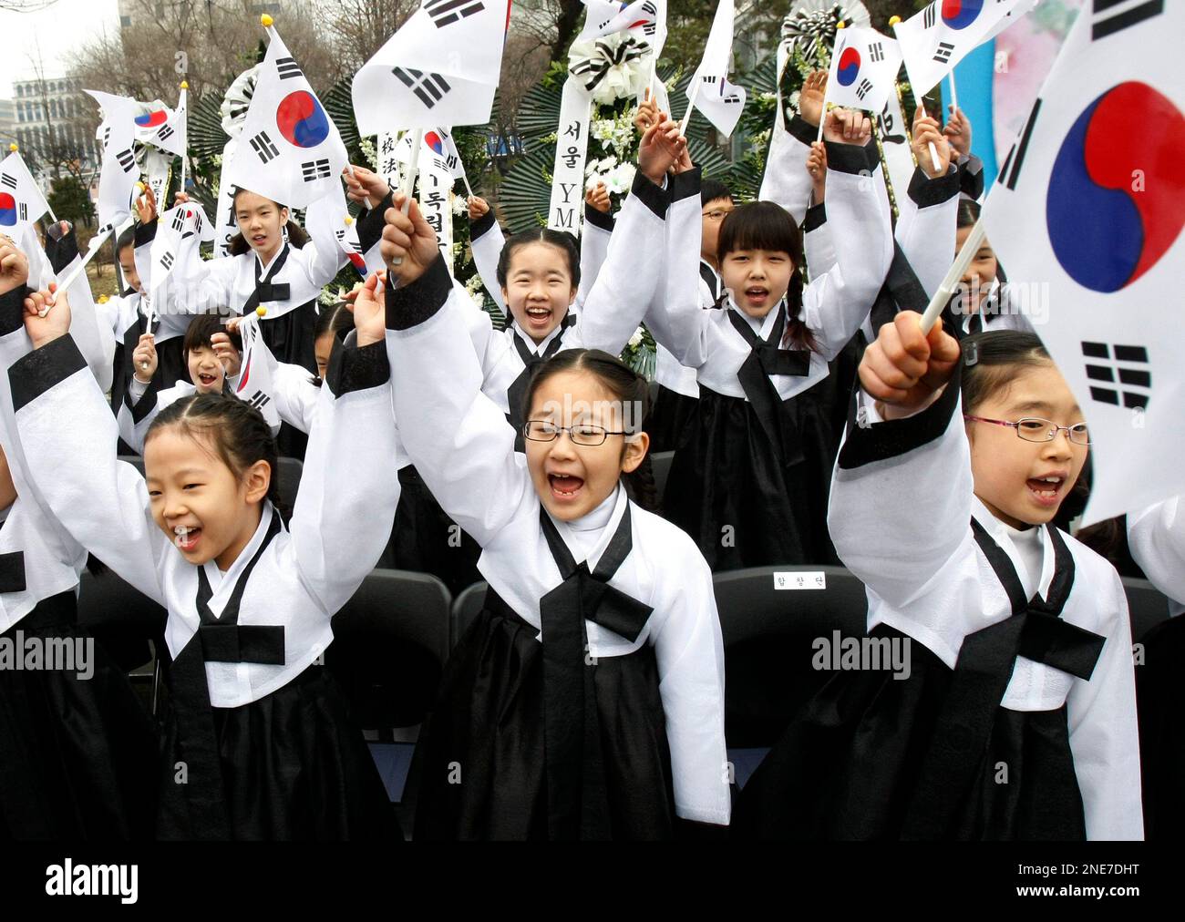 South Korean elementary school students wearing traditional Korean ...