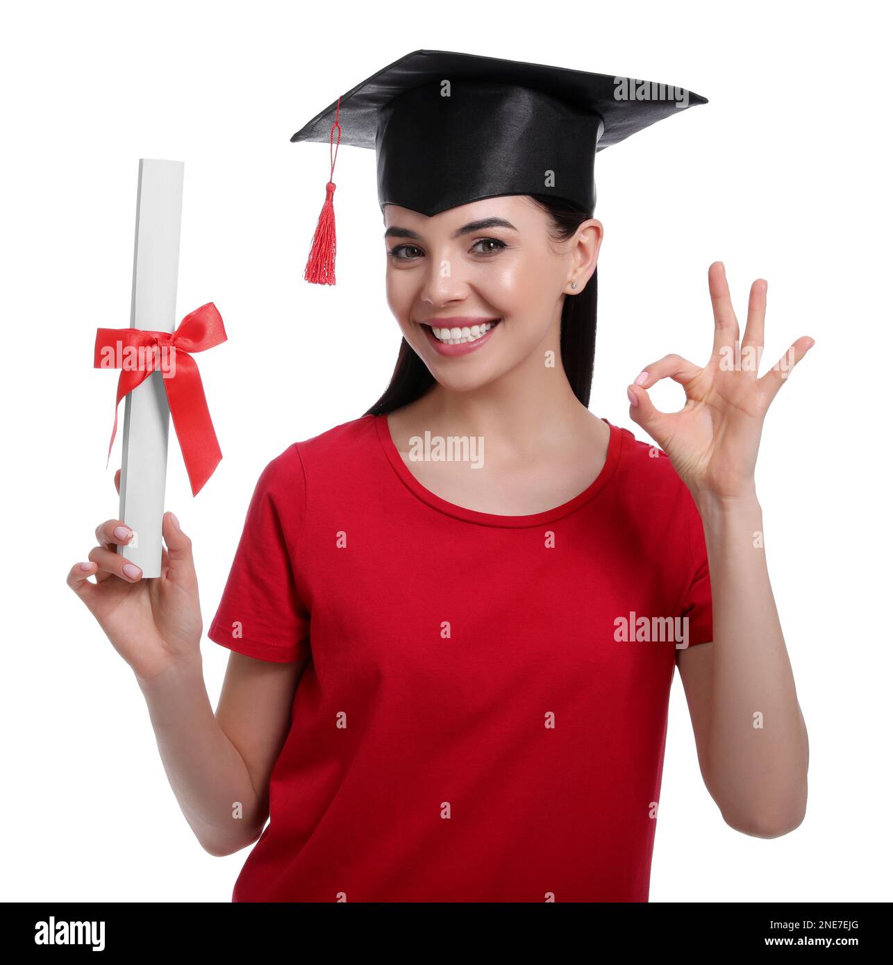 Happy student with graduation hat and diploma on white background Stock ...