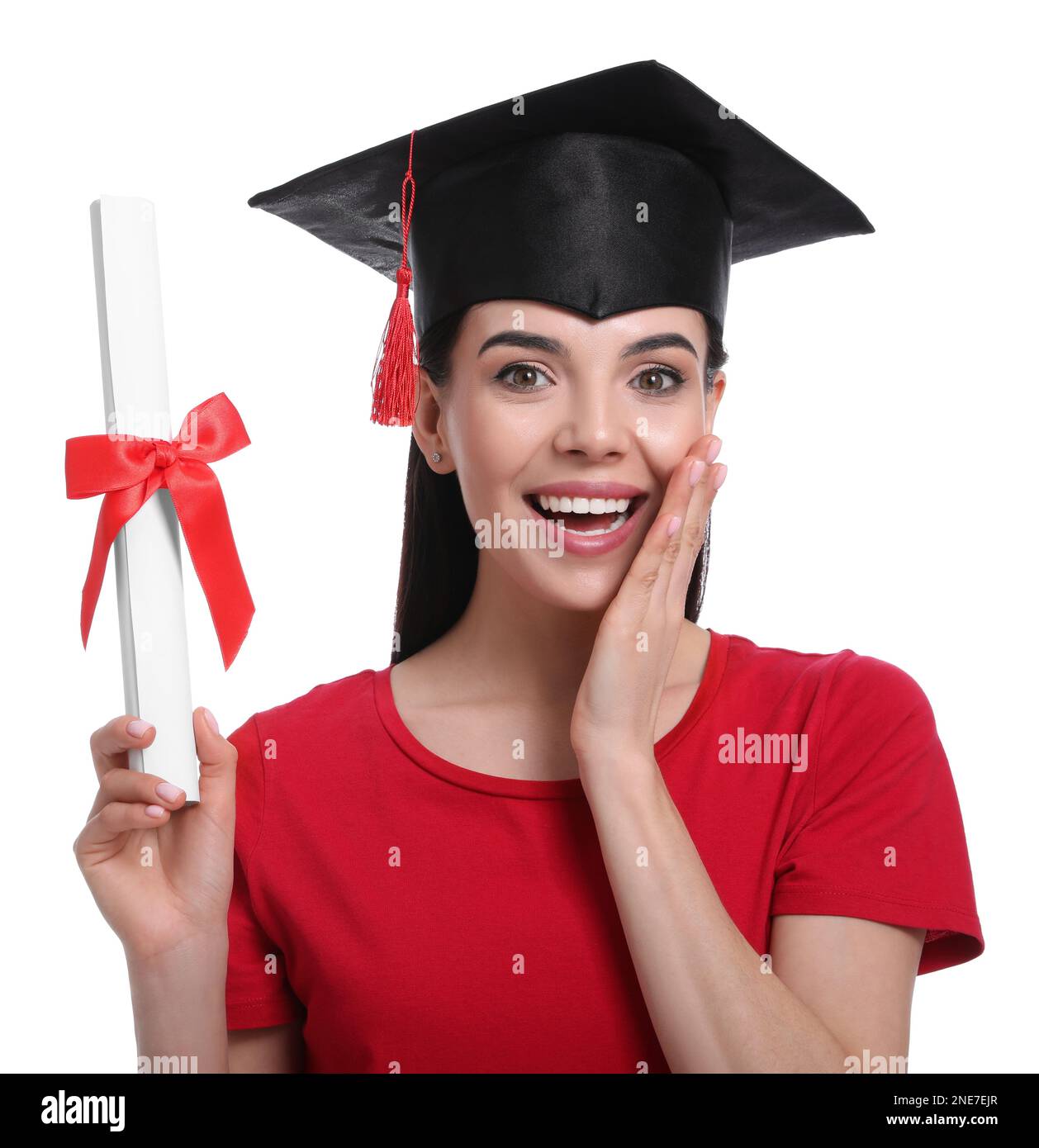 Emotional student with graduation hat and diploma on white background ...