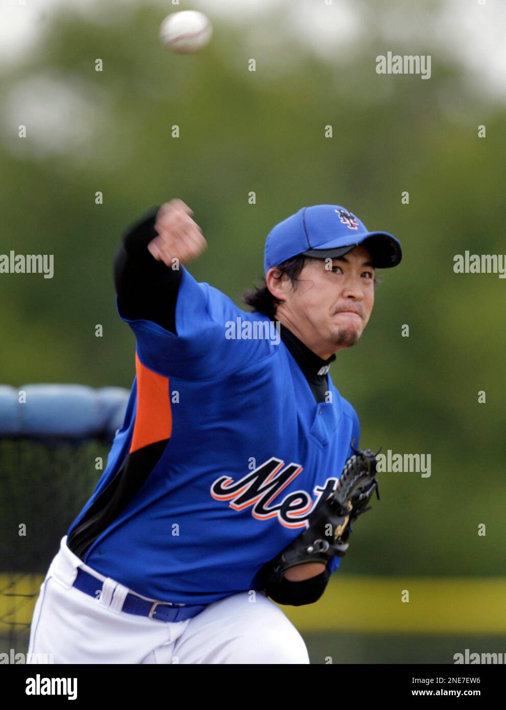 New York Mets pitcher Ryota Igarashi, of Japan, throws batting practice ...