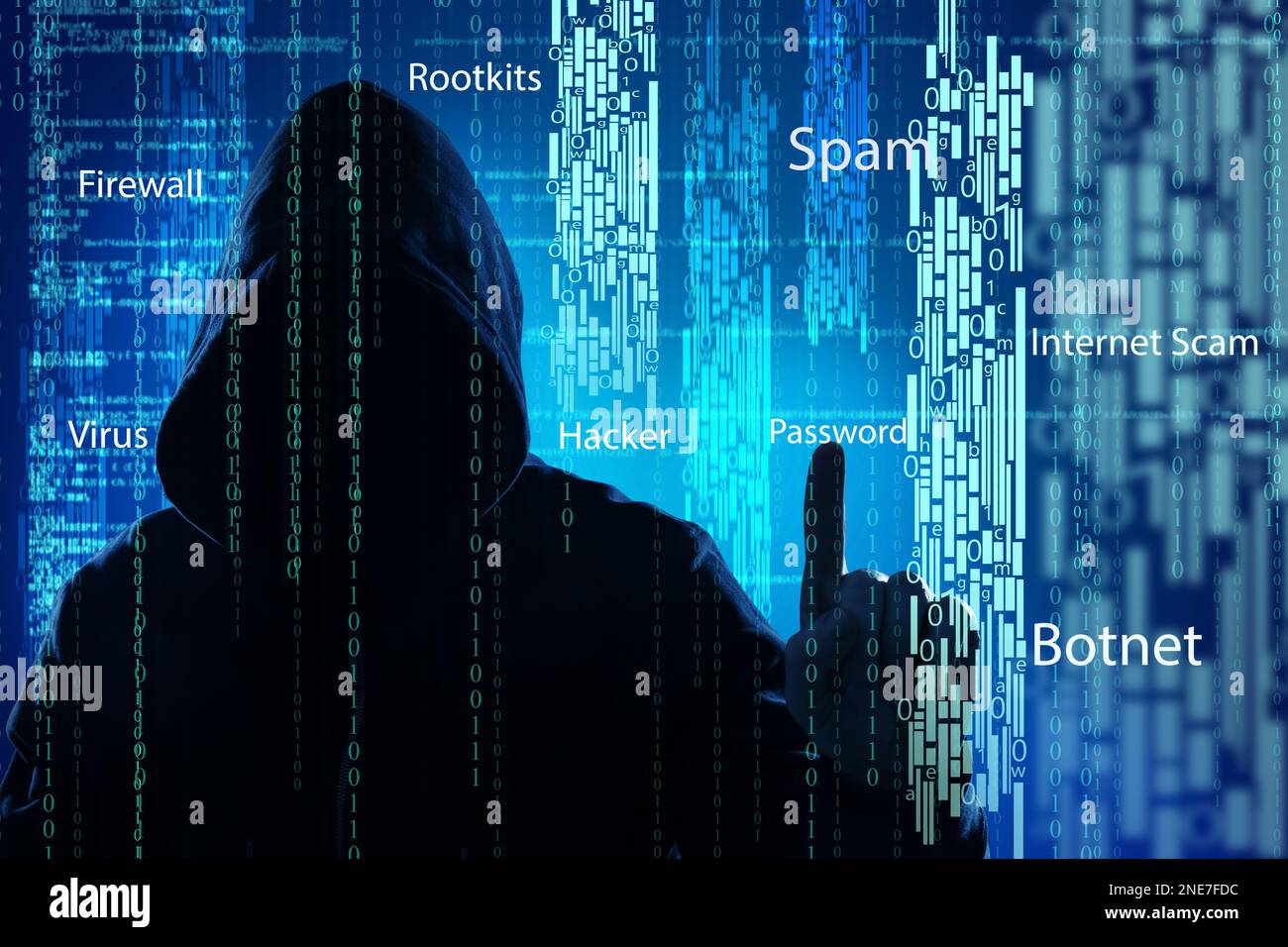 Man in hood and digital code on dark background. Cyber attack concept ...
