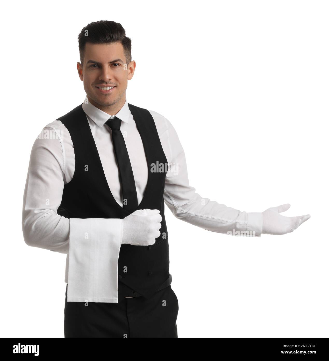 Handsome butler with towel on white background Stock Photo - Alamy