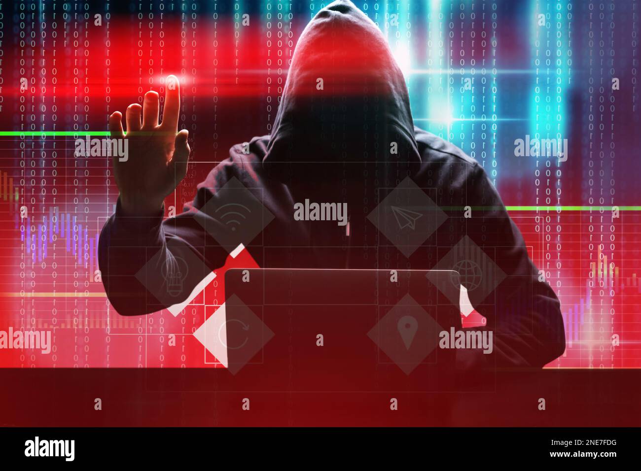 Man with laptop and digital binary code on color background. Cyber ...