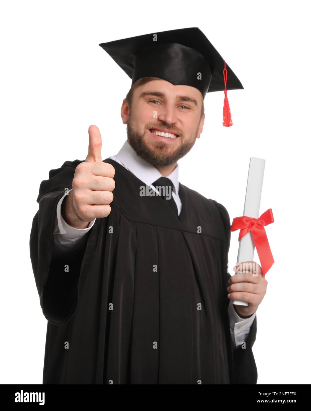 Happy student with graduation hat and diploma against white background ...