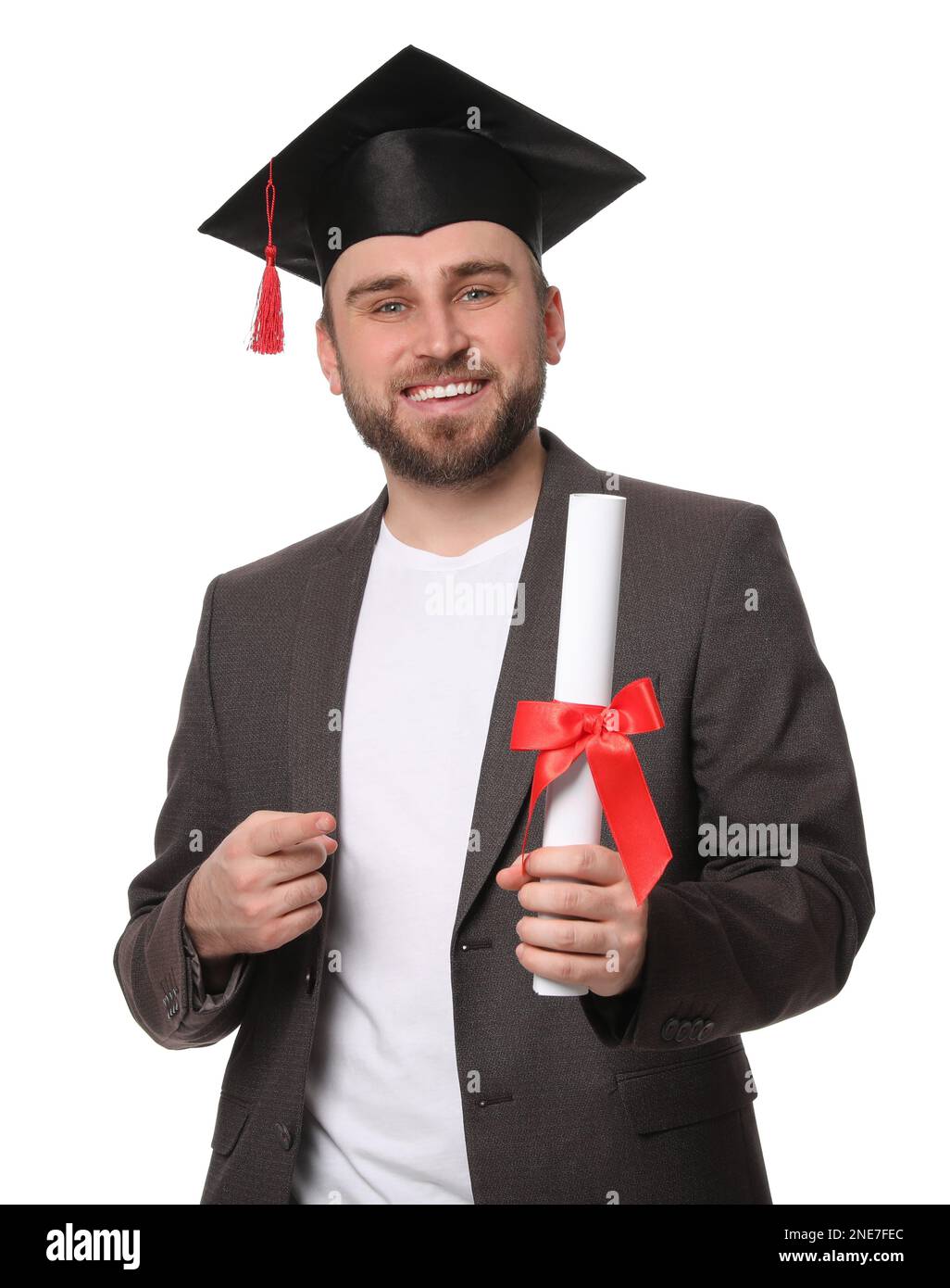 Happy student with graduation hat and diploma on white background Stock ...