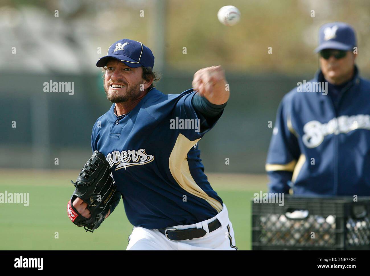 Milwaukee Brewers pitcher Scott Schoeneweis throws batting practice ...