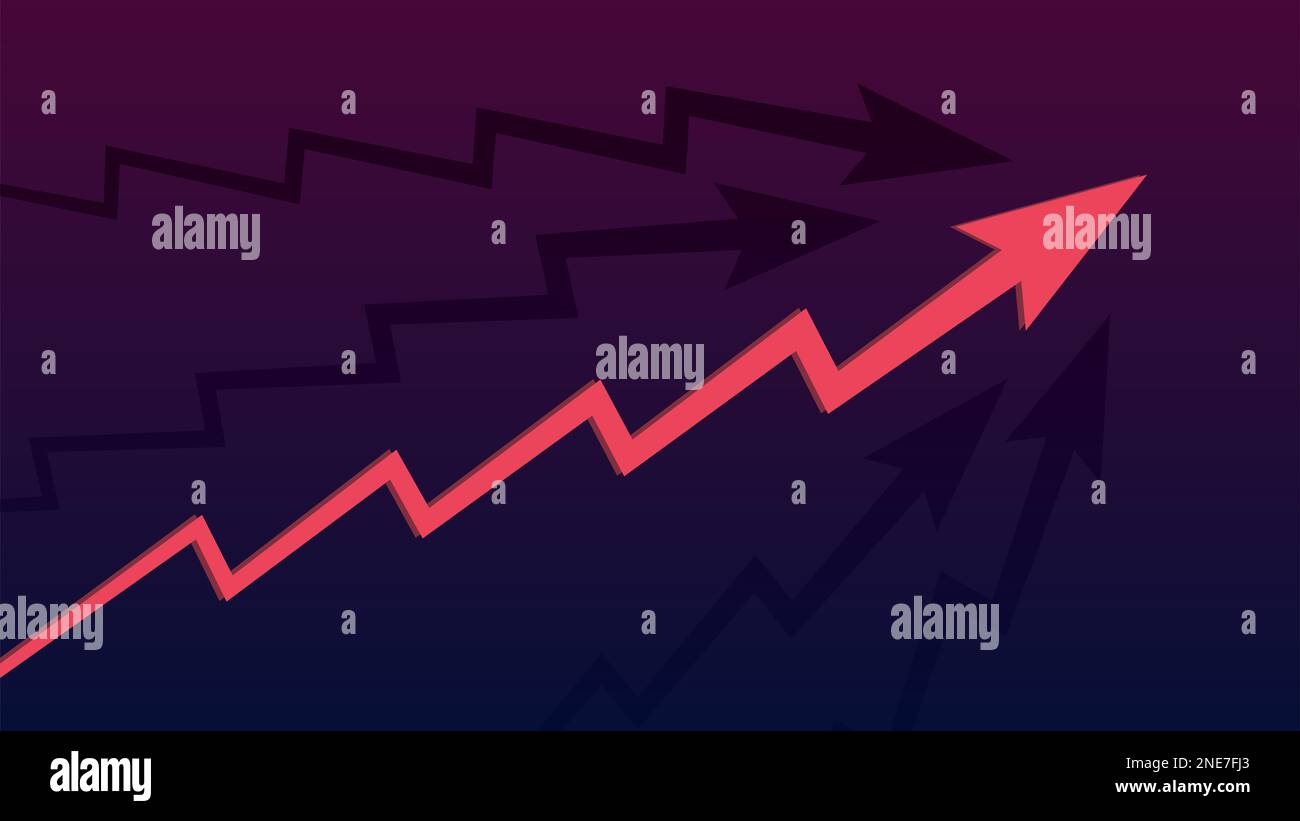 Rising prices and red up arrow with few black arrows on dark purple ...