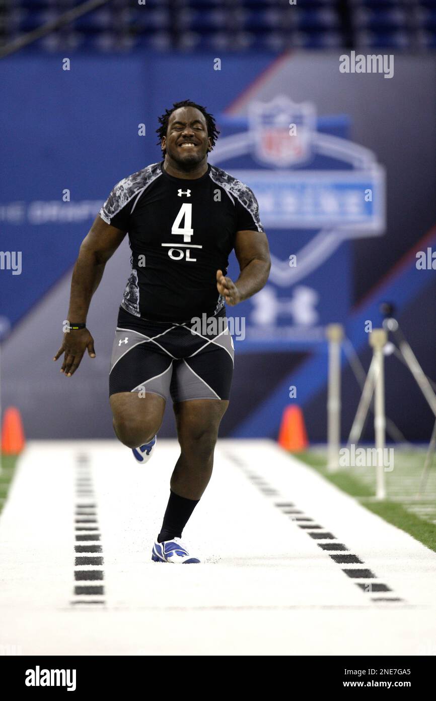 James Madison's Dorian Brooks runs the 40-yard dash at the NFL football ...
