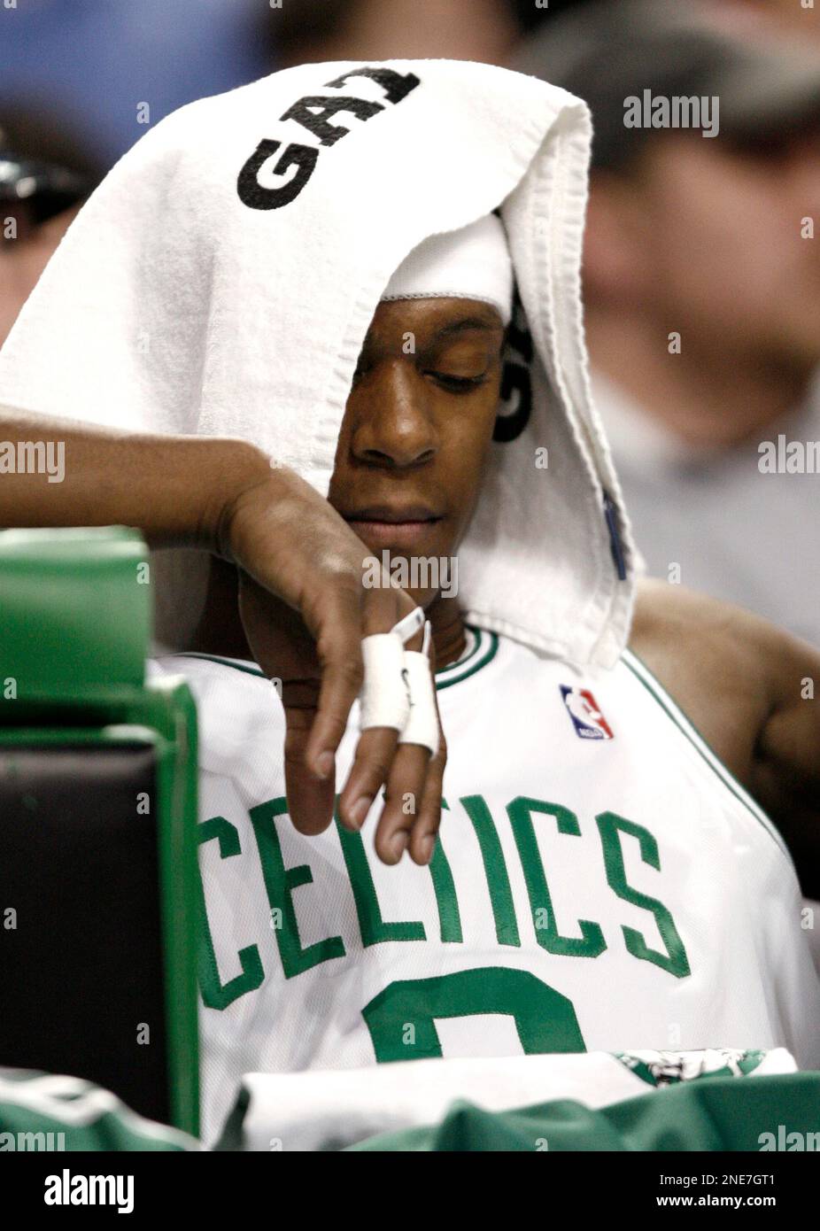 Boston Celtics guard Rajon Rondo sits on the bench during their 104-96 ...