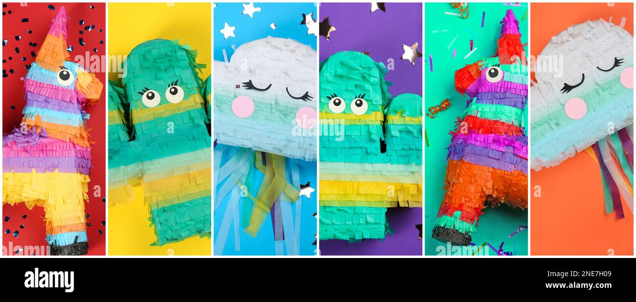 Collage with photos of funny pinatas on different color backgrounds ...