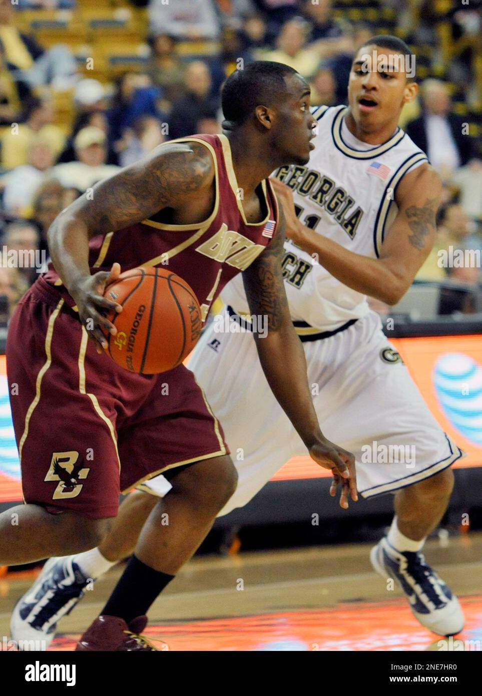 Boston College guard Biko Paris (5) drives against Georgia Tech guard ...
