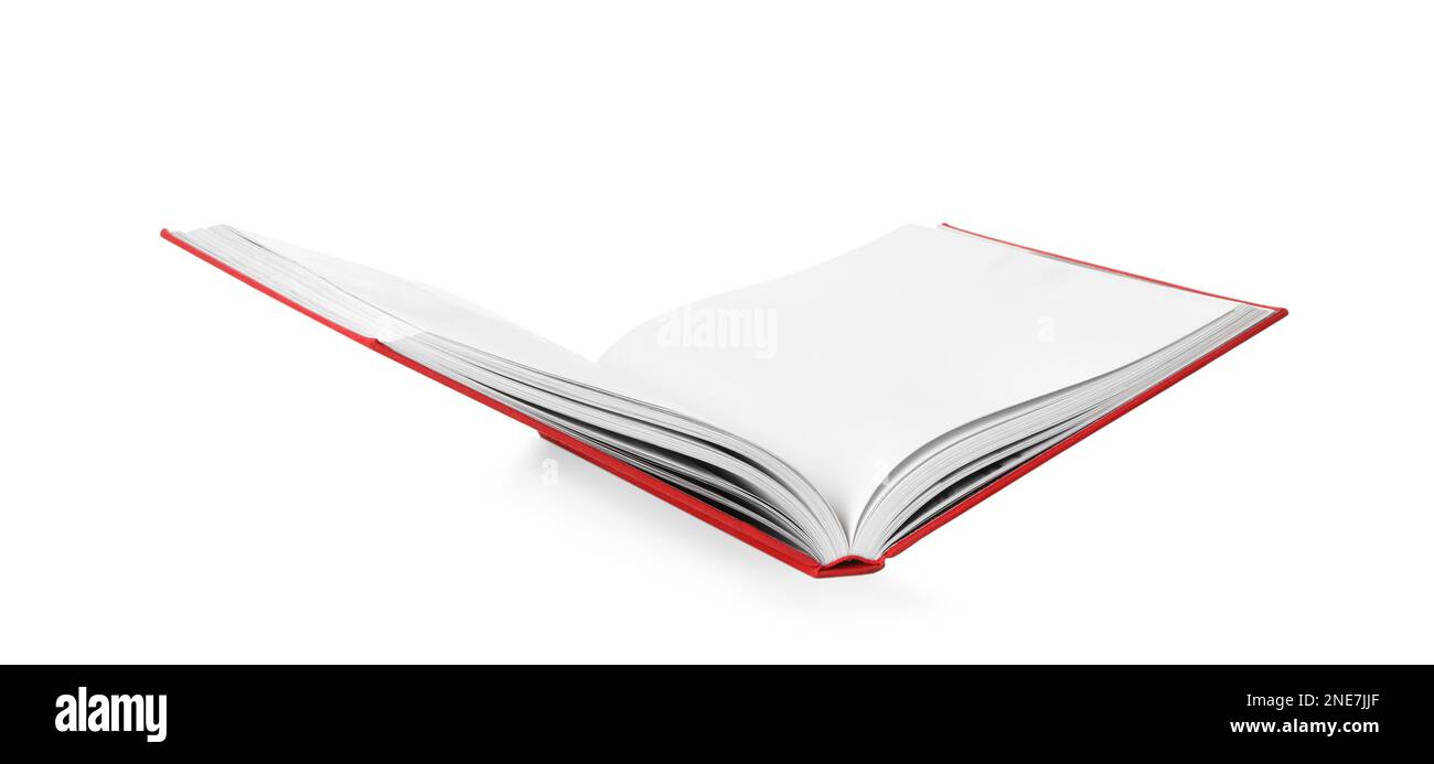 Open book with red cover on white background Stock Photo - Alamy