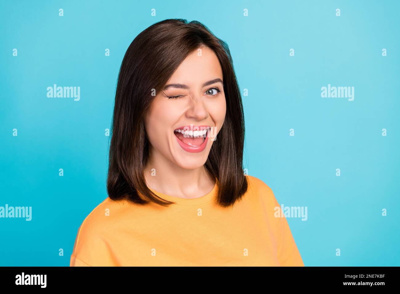 Portrait of funny satisfied pretty naughty woman with long hairstyle ...