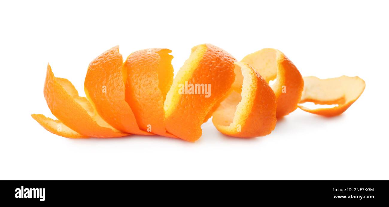 Spiral orange fruit peel isolated on white Stock Photo - Alamy