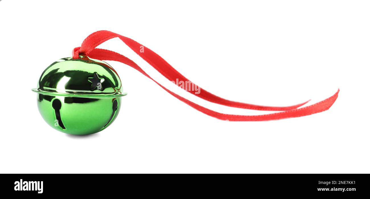 Shiny green sleigh bell with ribbon isolated on white Stock Photo - Alamy