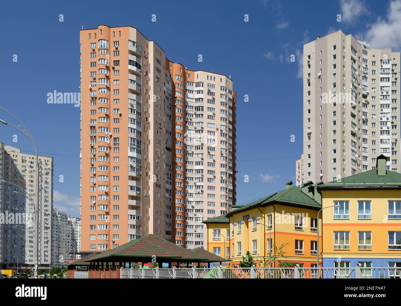 Modern residential apartment with flat buildings exterior. Detail of ...