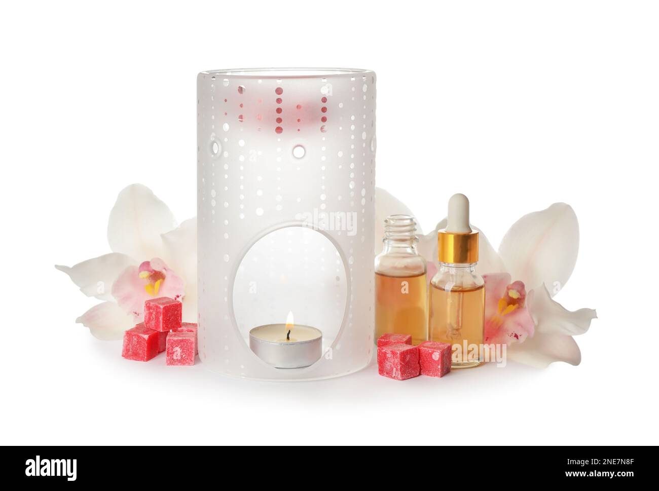 Composition with aroma lamp on white background Stock Photo - Alamy
