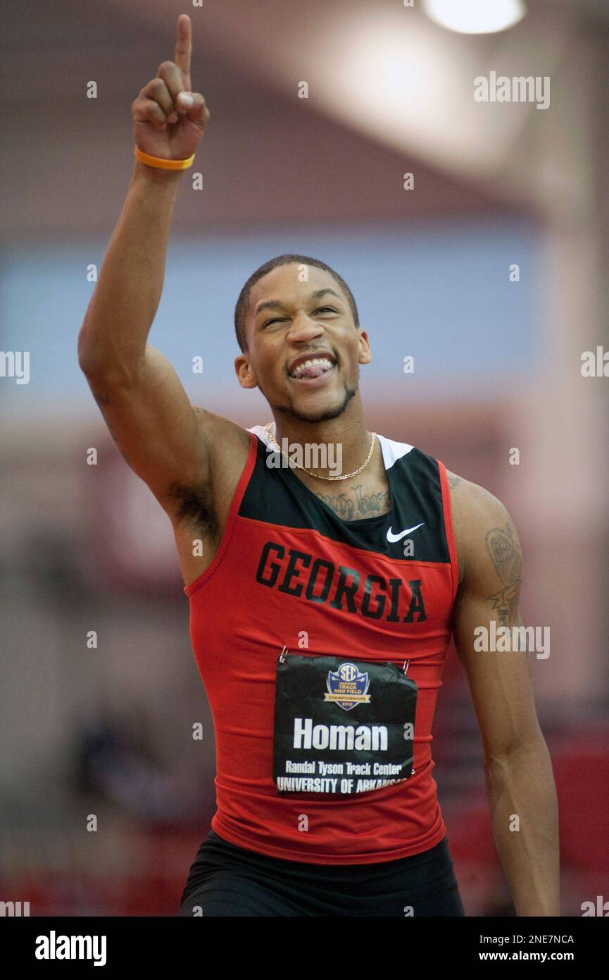Georgia's Cory Holman reacts to a jump of 7 feet, 1 3/4 inches during ...