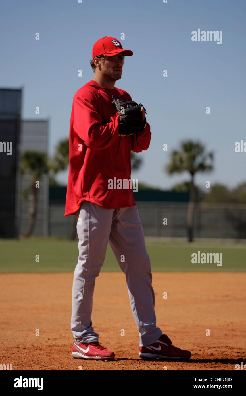 St. Louis Cardinals' Joe Mather takes up a position at third base ...