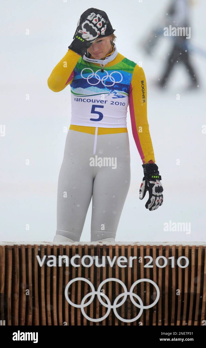 Germany's Maria Riesch, the gold medalist, reacts as she prepares to ...