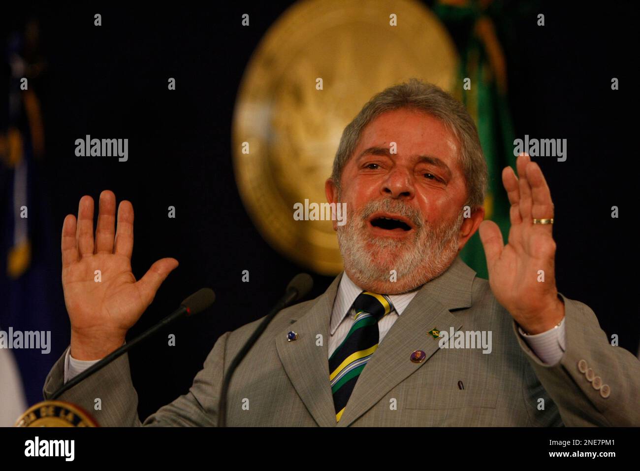 Brazil's President Luiz Inacio Lula da Silva, gestures during a press ...