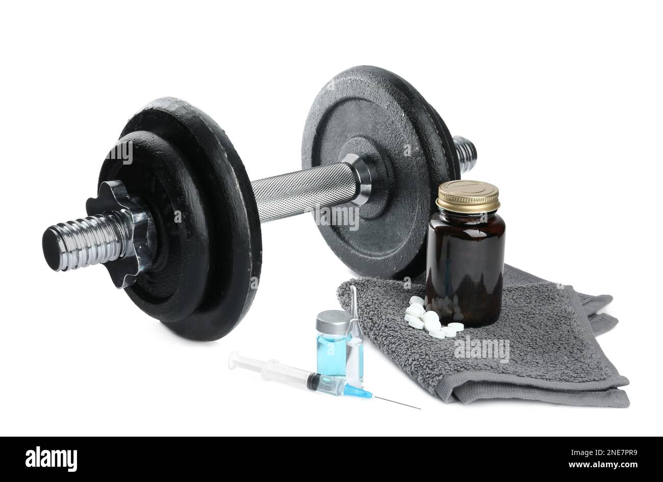 Different drugs, towel and sports equipment on white background. Doping ...